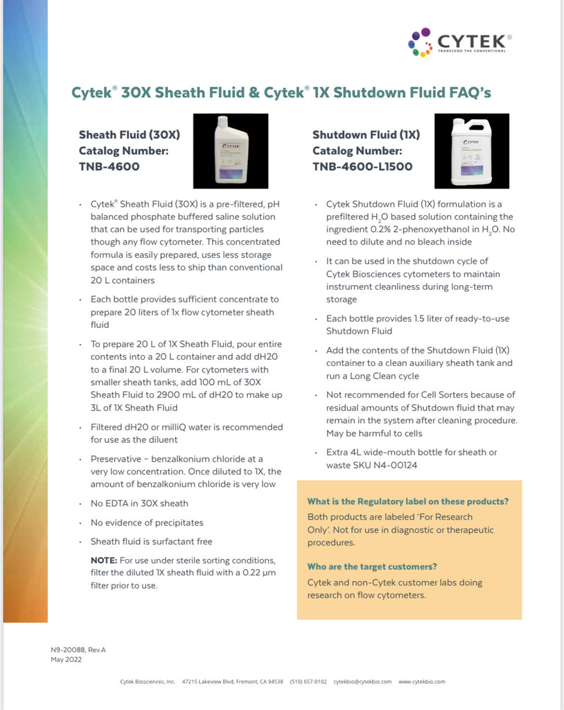 Cytek® 30X Sheath Fluid & Cytek® 1X Shutdown Fluid FAQ’s | Cytek ...