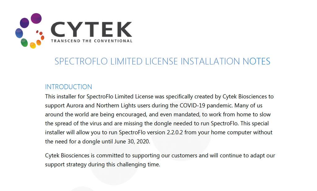 SpectroFlo Limited License Installation Notes | Cytek Biosciences